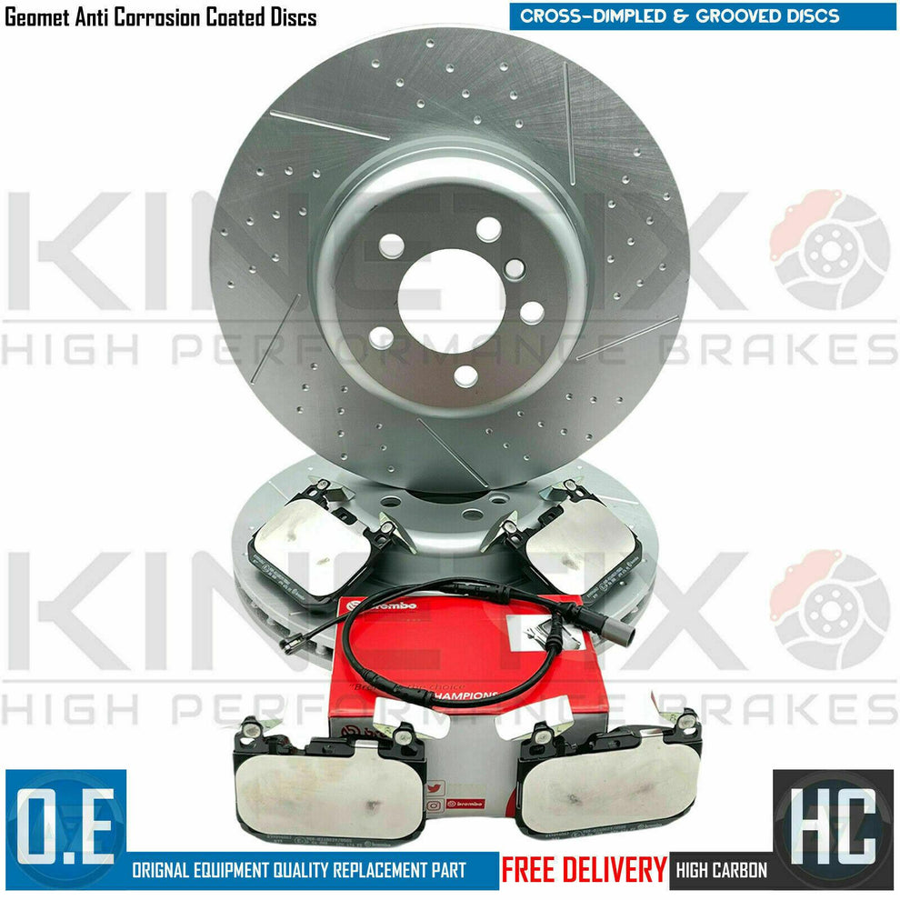 FOR BMW 3/4 SERIES FRONT DIMPLED GROOVED BRAKE DISCS BREMBO PADS + WIR ...
